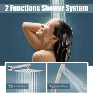 Aolemi Rainfall Shower System 12 Inch Shower Head Brushed Nikcel Combo Set with Handheld Shower Rough-In Valve Included Wall Mount Bathroom Shower Mixer Faucet