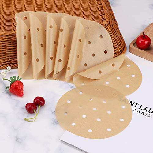 Beasea Air Fryer Parchment Paper, 200pcs 7 Inch Unbleached Air Fryer Disposable Paper Liners Filter Paper Perforated Parchment Paper Bamboo Steamer Papers for Air Fryer and Steaming Basket