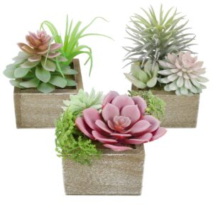 mingfuxin artificial succulents plants, mini assorted green fake plants in pots, small succulents plants artificial with wood potted for bathroom home office living room table decor indoor, set of 3