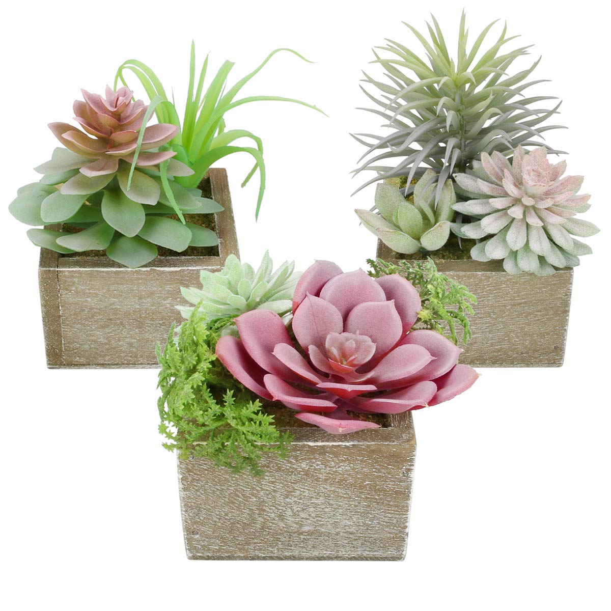 Mingfuxin Artificial Succulents Plants, Mini Assorted Green Fake Plants in Pots, Small Succulents Plants Artificial with Wood Potted for Bathroom Home Office Living Room Table Decor Indoor, Set of 3