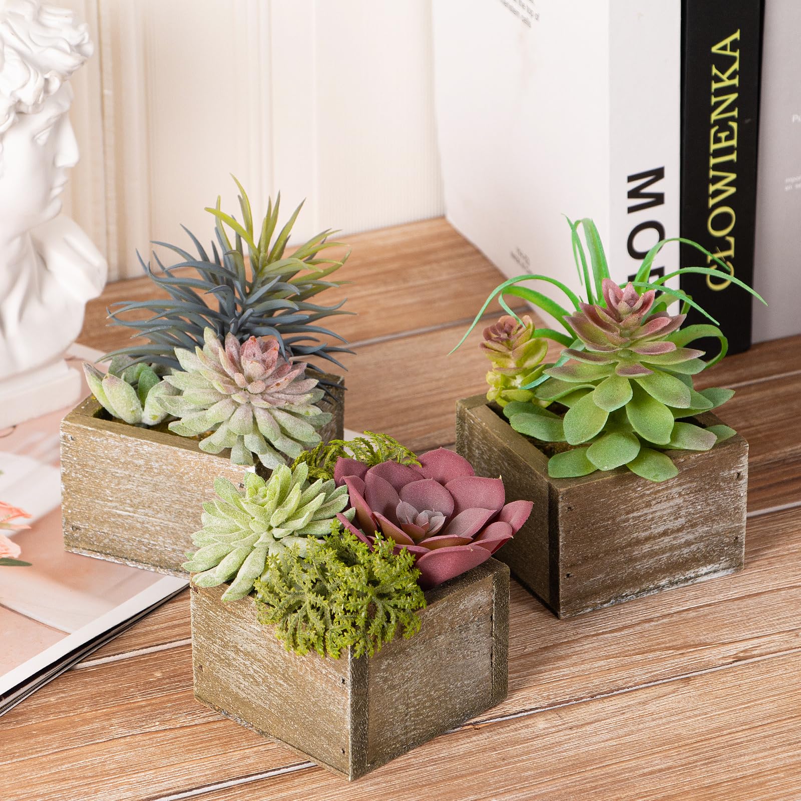 Mingfuxin Artificial Succulents Plants, Mini Assorted Green Fake Plants in Pots, Small Succulents Plants Artificial with Wood Potted for Bathroom Home Office Living Room Table Decor Indoor, Set of 3