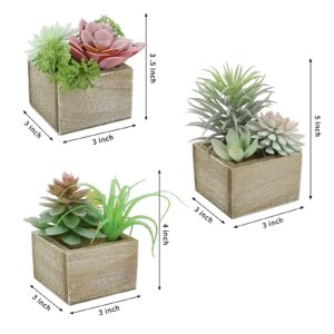 Mingfuxin Artificial Succulents Plants, Mini Assorted Green Fake Plants in Pots, Small Succulents Plants Artificial with Wood Potted for Bathroom Home Office Living Room Table Decor Indoor, Set of 3