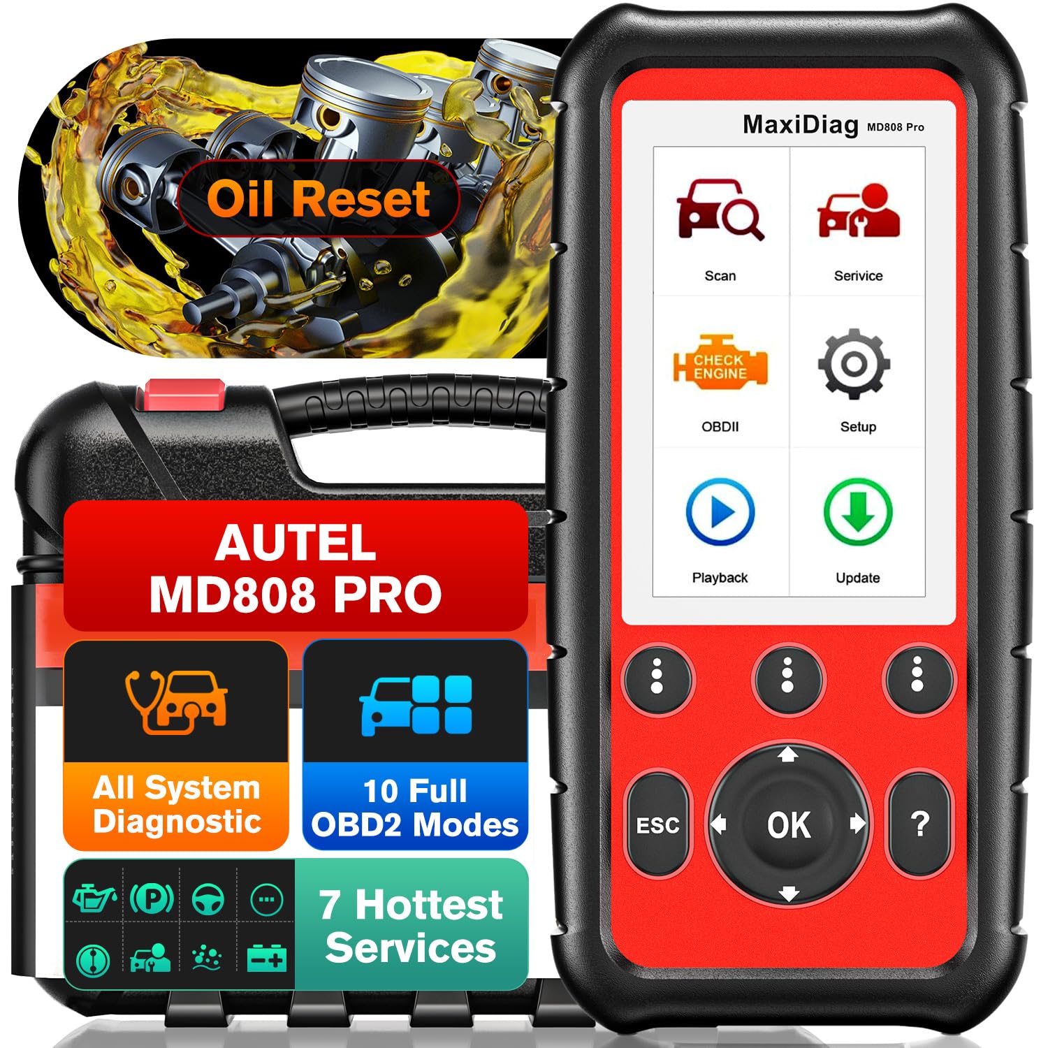 Autel MaxiDiag MD808 Pro OBD2 Scanner: Level-up of MD808 MD806 MD802, All System Diagnostic Tool, 7 Reset Service Oil/EPB/SAS/BMS/Throttle, Full 12 OBDII Modes, AutoScan Live Data Lifetime Free Update