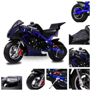 frp 50cc 2 stroke pocket bike 01, epa approved mini bike for kids, gas pocket bike w/strong dual brake, racing rocket max speed 20 mph, realistic mini motorcycle max weight 165 lb