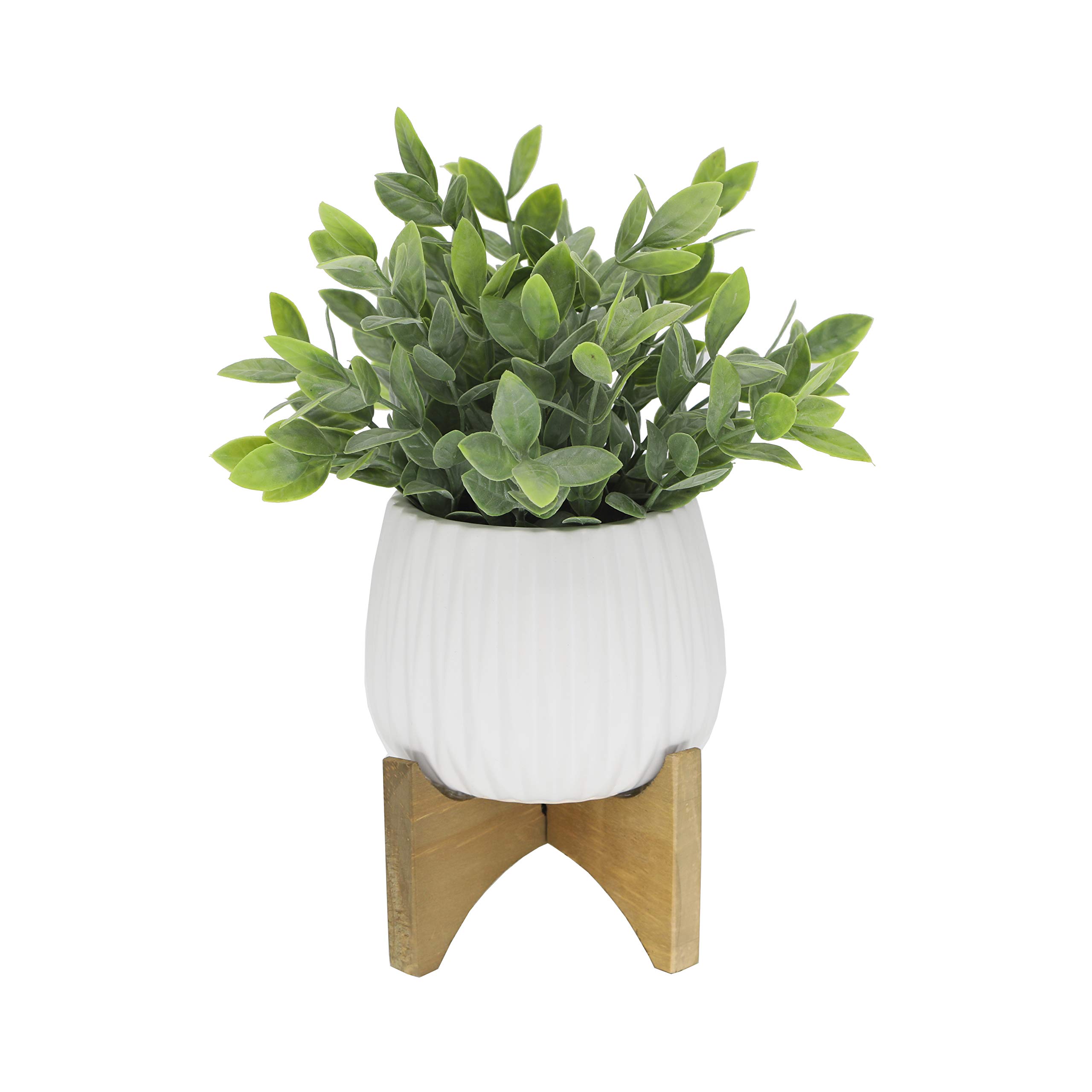 Flora Bunda Artificial Plant Tea Leaf in 5 in Ridge Ceramic Pot on Wood Stand,Matte White