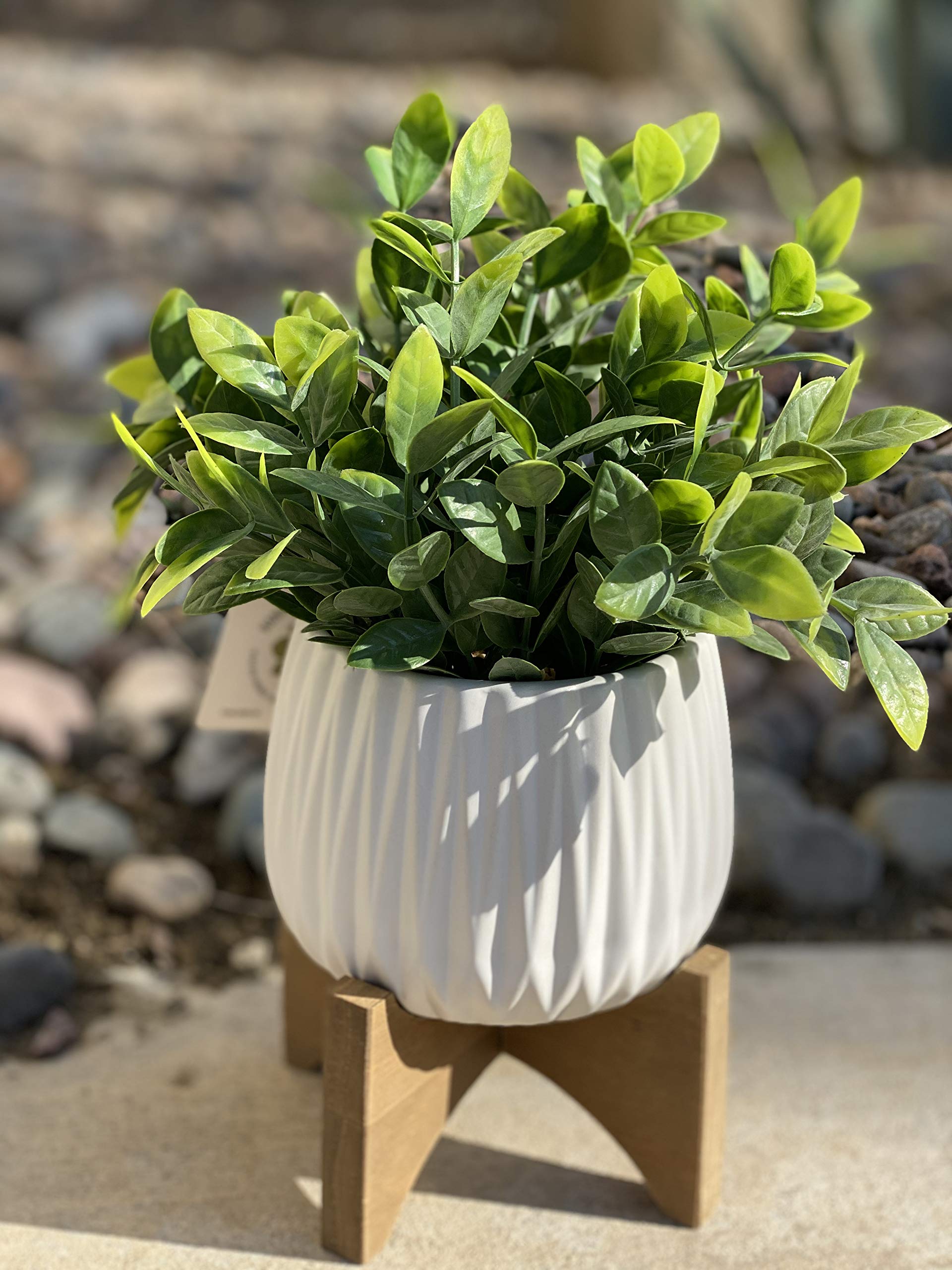 Flora Bunda Artificial Plant Tea Leaf in 5 in Ridge Ceramic Pot on Wood Stand,Matte White