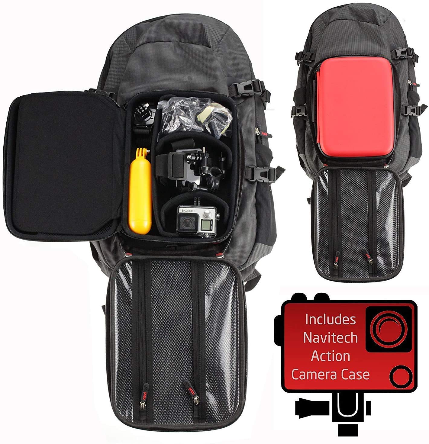 Navitech Action Camera Backpack & Red Storage Case with Integrated Chest Strap - Compatible with The AKASO EK7000 Pro Action Camera