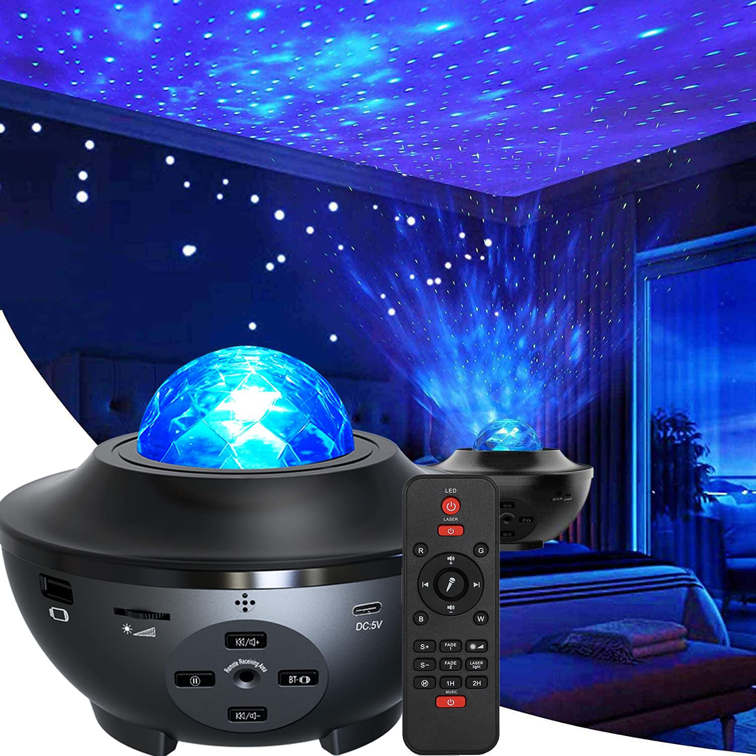 Elecstars Night Light, Star Projector with Bluetooth Speaker, Ocean Wave Bedside Lamp, Adjustable Lightness & Remote Control, Music Player, Living Room, Decor.