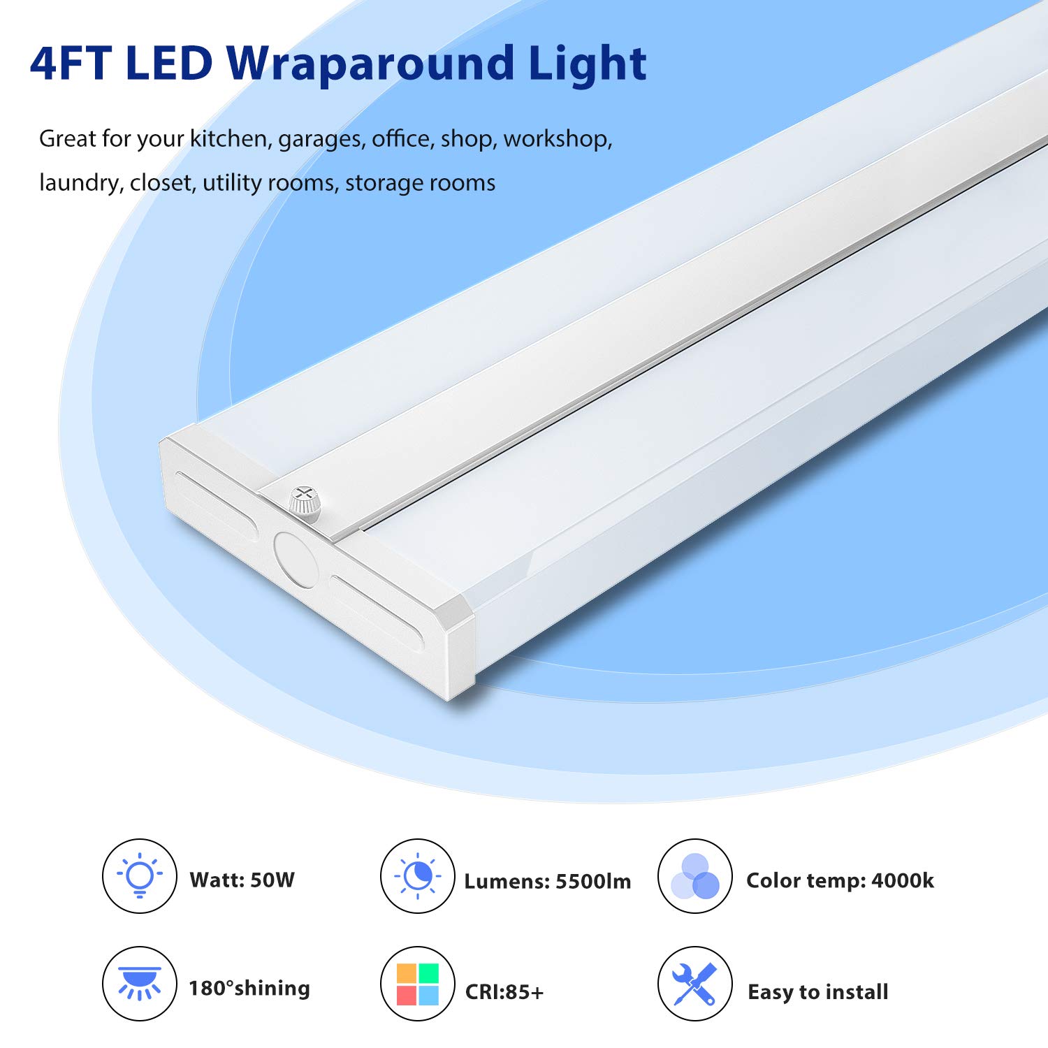 AntLux 4FT LED Wraparound Light Fixture 50W Ultra Slim Wrap Around Lights, 5500lm, 4000K, 4 Foot LED Shop Lights for Garage, Kitchen, Office, Gym, Surface or Suspended, Fluorescent Replacement, 2 Pack