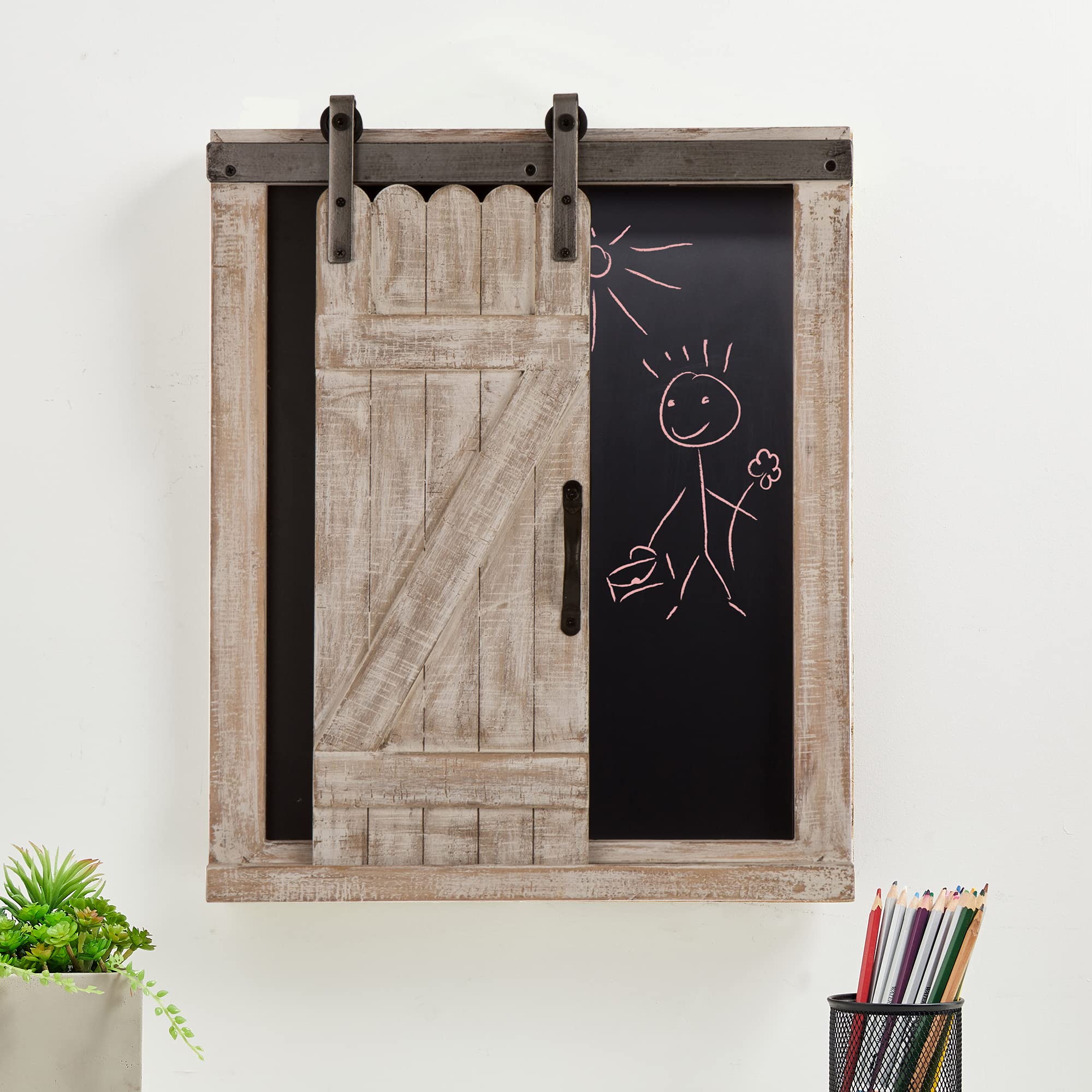 Glitzhome 19.75"H Wooden Farmhouse Rustic Decorations Chalkboard with Barn Door,Wall-Mounted Coffee Store Message Boards,Holiday Display Board,Christmas Accent Country Hang Chalk Board