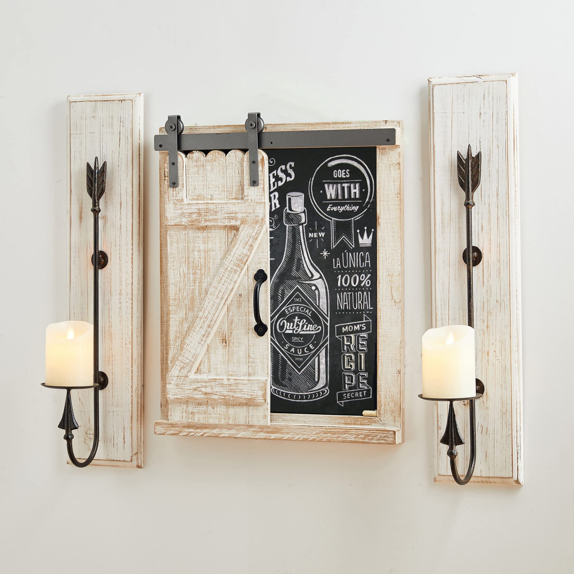 Glitzhome 19.75"H Wooden Farmhouse Rustic Decorations Chalkboard with Barn Door,Wall-Mounted Coffee Store Message Boards,Holiday Display Board,Christmas Accent Country Hang Chalk Board