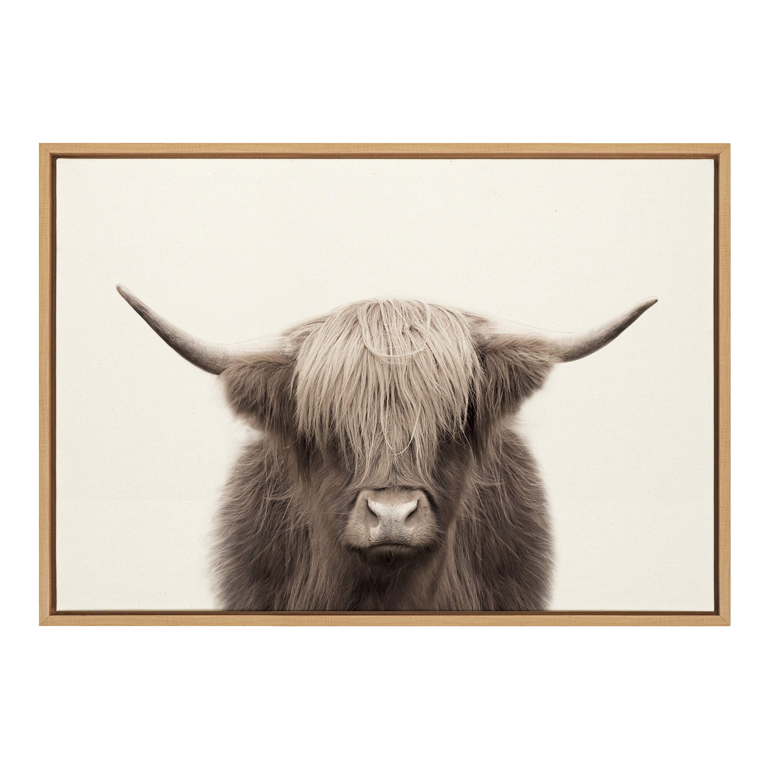 Kate and Laurel Sylvie Hey Dude Highland Cow Color Framed Canvas Wall Art by The Creative Bunch Studio, 23x33 Natural, Chic Animal Art for Wall