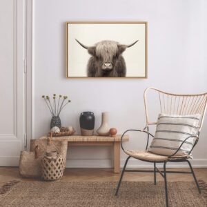 Kate and Laurel Sylvie Hey Dude Highland Cow Color Framed Canvas Wall Art by The Creative Bunch Studio, 23x33 Natural, Chic Animal Art for Wall