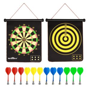 win sports magnetic dart board kids game,two sided roll up dartboard,indoor outdoor game,15 inch kids darts board,includes 12 magnetic safe darts,easily hangs anywhere