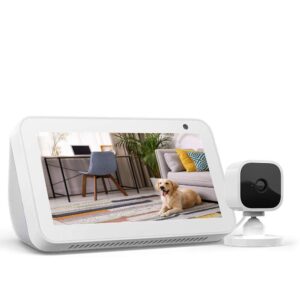 echo show 5 sandstone with blink mini indoor smart security camera, 1080 hd with motion detection