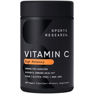 sports research high potency vitamin c supplement - vegan veggie capsules for antioxidant activity & immune support - non-gmo verified & gluten free - ascorbic acid vitamin c 1000mg, 240 count