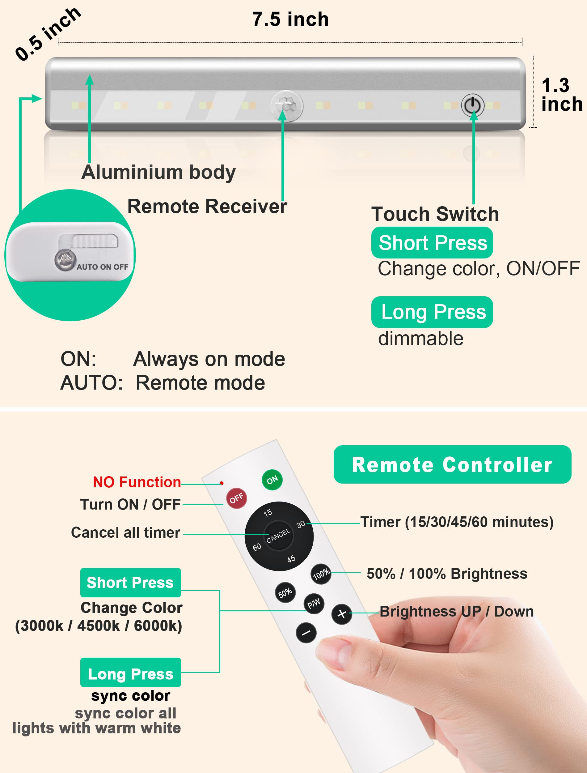 Anbock Under Cabinet Lighting Remote Control 6 Packs 20 LEDs Rechargeable Touch Lights with Timer Dimmer 3 Colors Wireless Install Easily, Perfect for Stairs Kitchen Kids Room Under Counter Closets