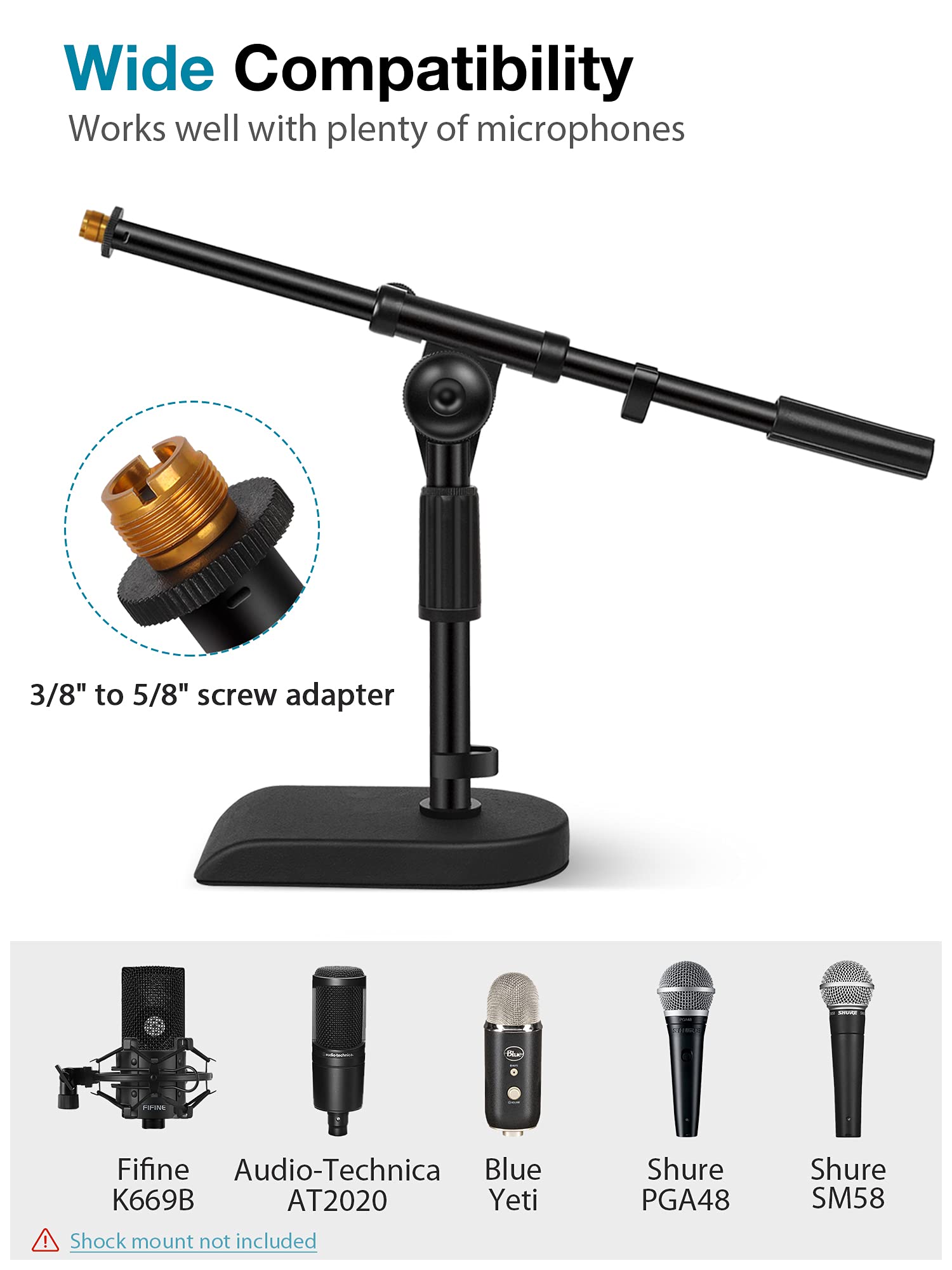 InnoGear Adjustable Desk Microphone Stand, Weighted Base with Soft Grip Twist Clutch, Boom Arm, 3/8/'' and 5/8/'' Threaded Mounts for Blue Yeti and Blue Snowball, Kick Drums, Guitar Amps, Black