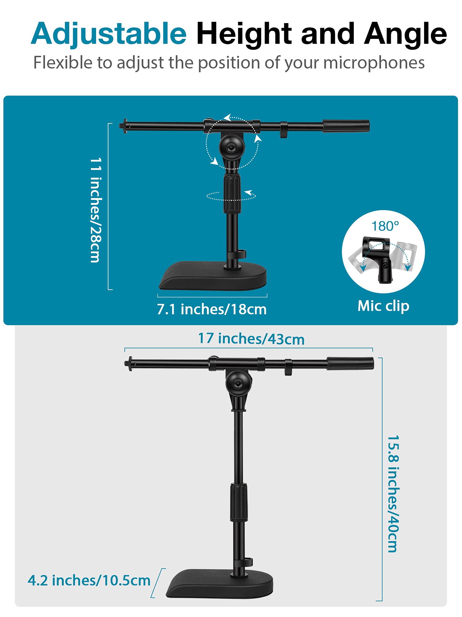 InnoGear Adjustable Desk Microphone Stand, Weighted Base with Soft Grip Twist Clutch, Boom Arm, 3/8/'' and 5/8/'' Threaded Mounts for Blue Yeti and Blue Snowball, Kick Drums, Guitar Amps, Black