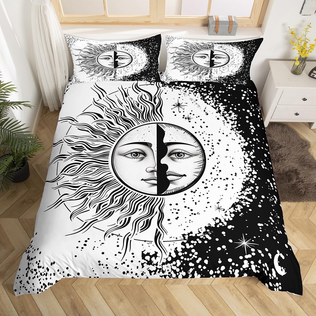 Erosebridal Sun Moon Duvet Cover Set Queen Yin Yang Comforter Cover Galaxy Star Bedding Set Bohemian Quilt Cover,Decorations 3 Piece Bedding Set (1 Duvet Cover 2 Pillowcases) Black and White