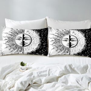 Erosebridal Sun Moon Duvet Cover Set Queen Yin Yang Comforter Cover Galaxy Star Bedding Set Bohemian Quilt Cover,Decorations 3 Piece Bedding Set (1 Duvet Cover 2 Pillowcases) Black and White