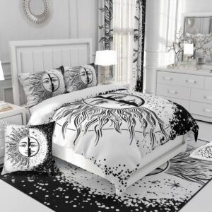 Erosebridal Sun Moon Duvet Cover Set Queen Yin Yang Comforter Cover Galaxy Star Bedding Set Bohemian Quilt Cover,Decorations 3 Piece Bedding Set (1 Duvet Cover 2 Pillowcases) Black and White