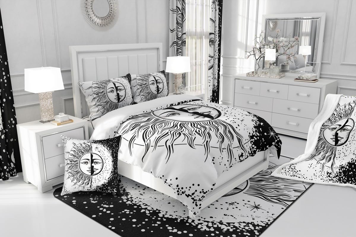 Erosebridal Sun Moon Duvet Cover Set Queen Yin Yang Comforter Cover Galaxy Star Bedding Set Bohemian Quilt Cover,Decorations 3 Piece Bedding Set (1 Duvet Cover 2 Pillowcases) Black and White