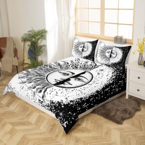 Erosebridal Sun Moon Duvet Cover Set Queen Yin Yang Comforter Cover Galaxy Star Bedding Set Bohemian Quilt Cover,Decorations 3 Piece Bedding Set (1 Duvet Cover 2 Pillowcases) Black and White