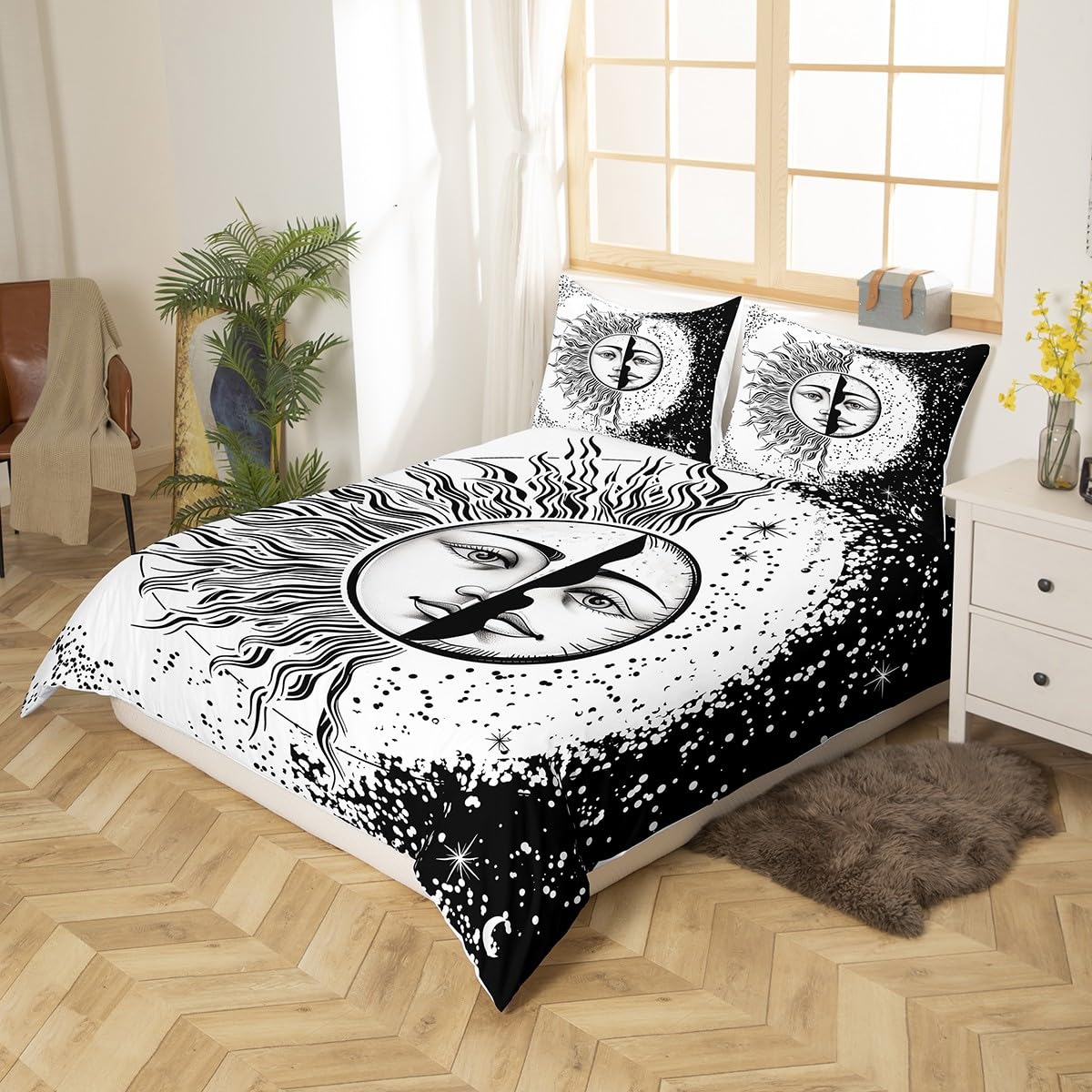 Erosebridal Sun Moon Duvet Cover Set Queen Yin Yang Comforter Cover Galaxy Star Bedding Set Bohemian Quilt Cover,Decorations 3 Piece Bedding Set (1 Duvet Cover 2 Pillowcases) Black and White