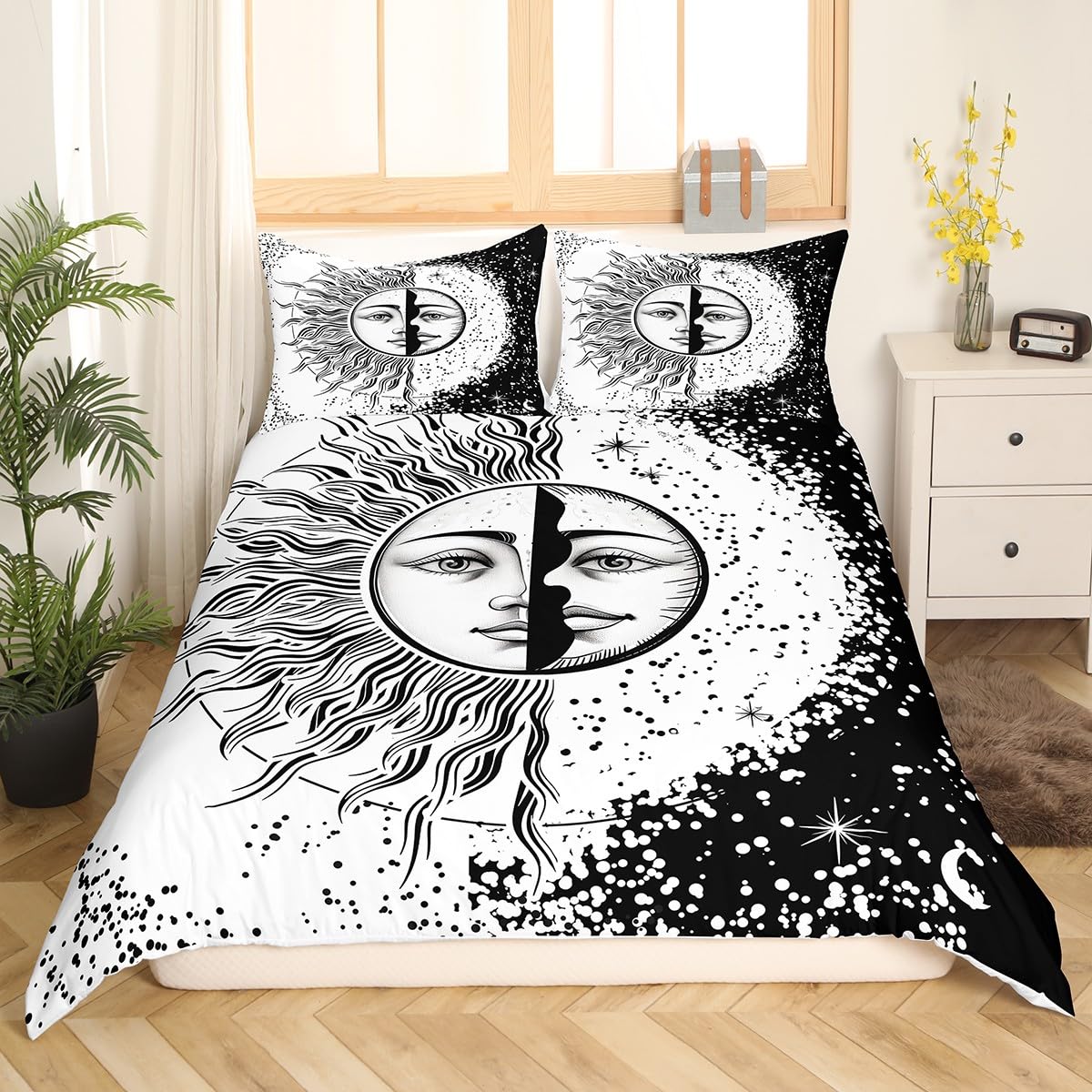 Erosebridal Sun Moon Duvet Cover Set Queen Yin Yang Comforter Cover Galaxy Star Bedding Set Bohemian Quilt Cover,Decorations 3 Piece Bedding Set (1 Duvet Cover 2 Pillowcases) Black and White