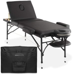 saloniture professional portable lightweight tri-fold massage table with aluminum legs - includes headrest, face cradle, armrests and carrying case - black