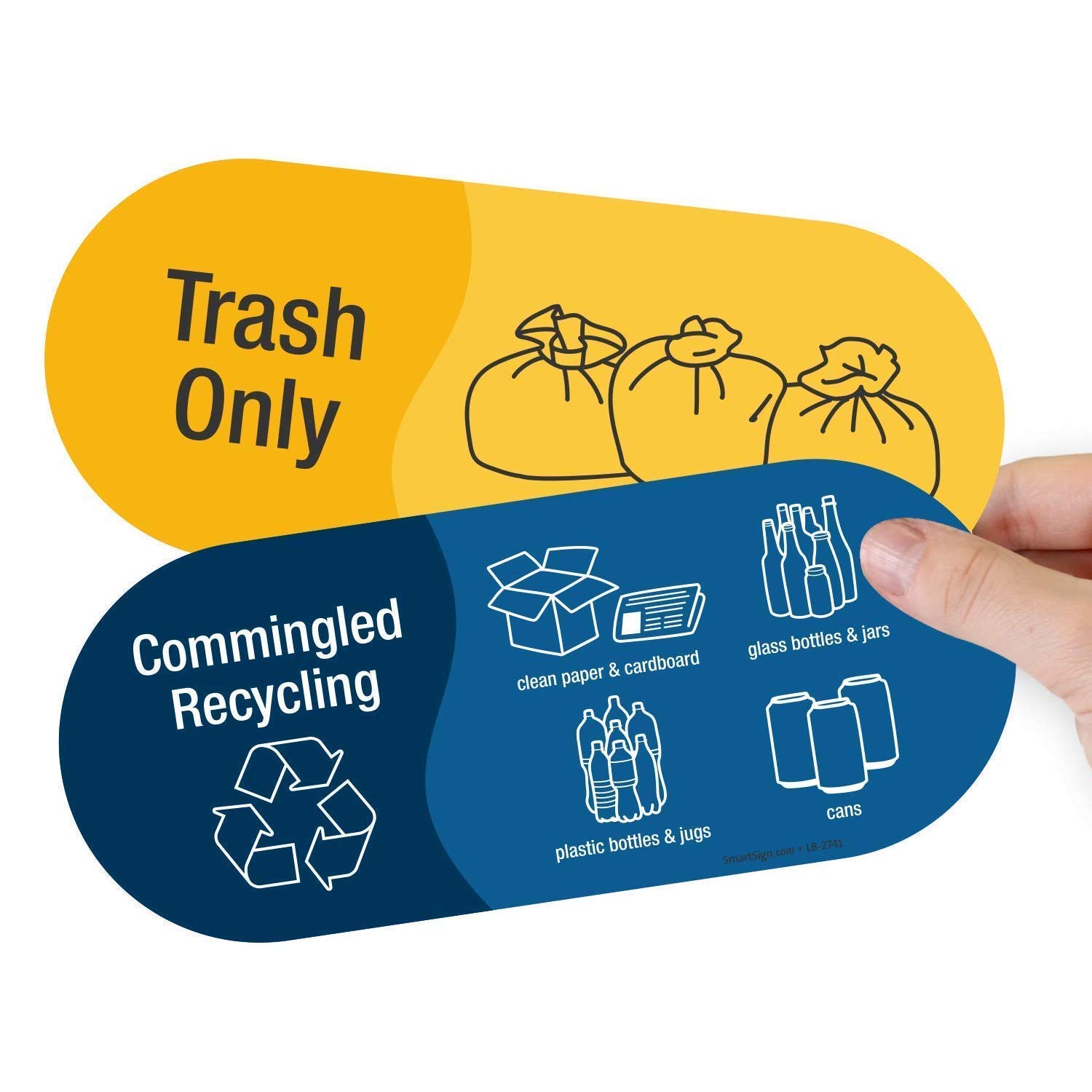 SmartSign (Pack of 4) 3.75 x 9 inch “Trash Only and Commingled Recycling” Sticker Labels with Symbols, 5 mil Laminated Polyester with SuperStick Adhesive, Multicolor