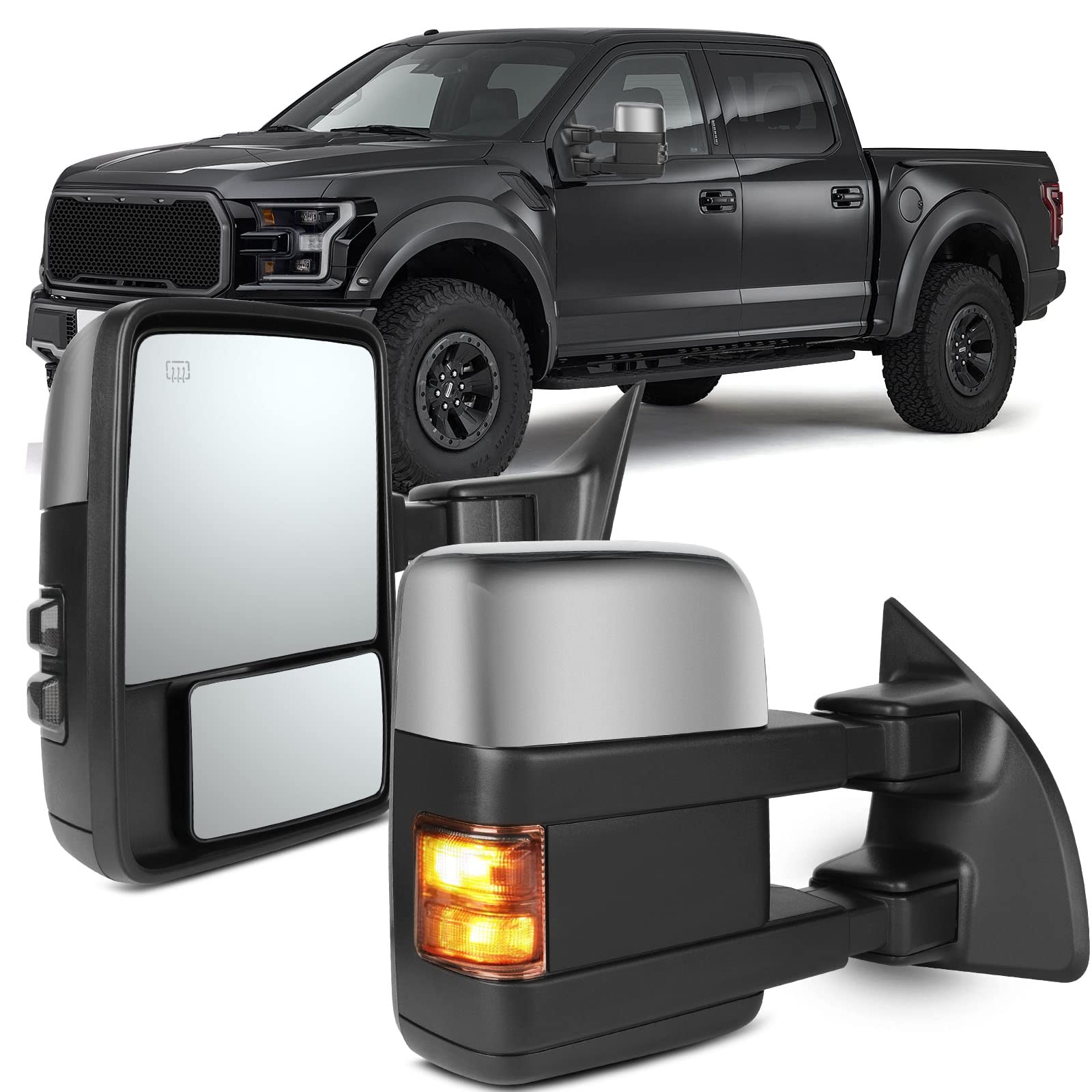 OCPTY Towing Mirrors Power Heated Left Driver Right Passenger Side Tow Mirrors Fit for 1999-2007 for Ford for F250/F350/F450/F550 Super Duty with Turn Signal Light with Chrome Housing