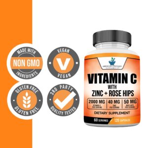 American Standard Supplements Vitamin C 2000mg, Zinc 40mg, and Rose HIPS 50mg Per Serving – Vegan, Gluten Free, Non-GMO, 120 Capsules, 60 Servings