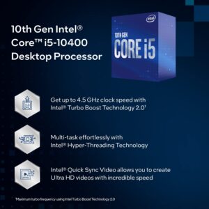 Intel Core i5-10400 Desktop Processor 6 Cores up to 4.3 GHz LGA1200 (Intel 400 Series Chipset) 65W, Model Number: BX8070110400