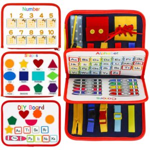 Busy Board for Toddlers Age 1-6, Montessori Early Education Activity Toddler Toys for Basic Skills Learning,Dress and Alphabet Spell Cognition, Bag Designed Enlighten Toy for Infants, Boys and Girls