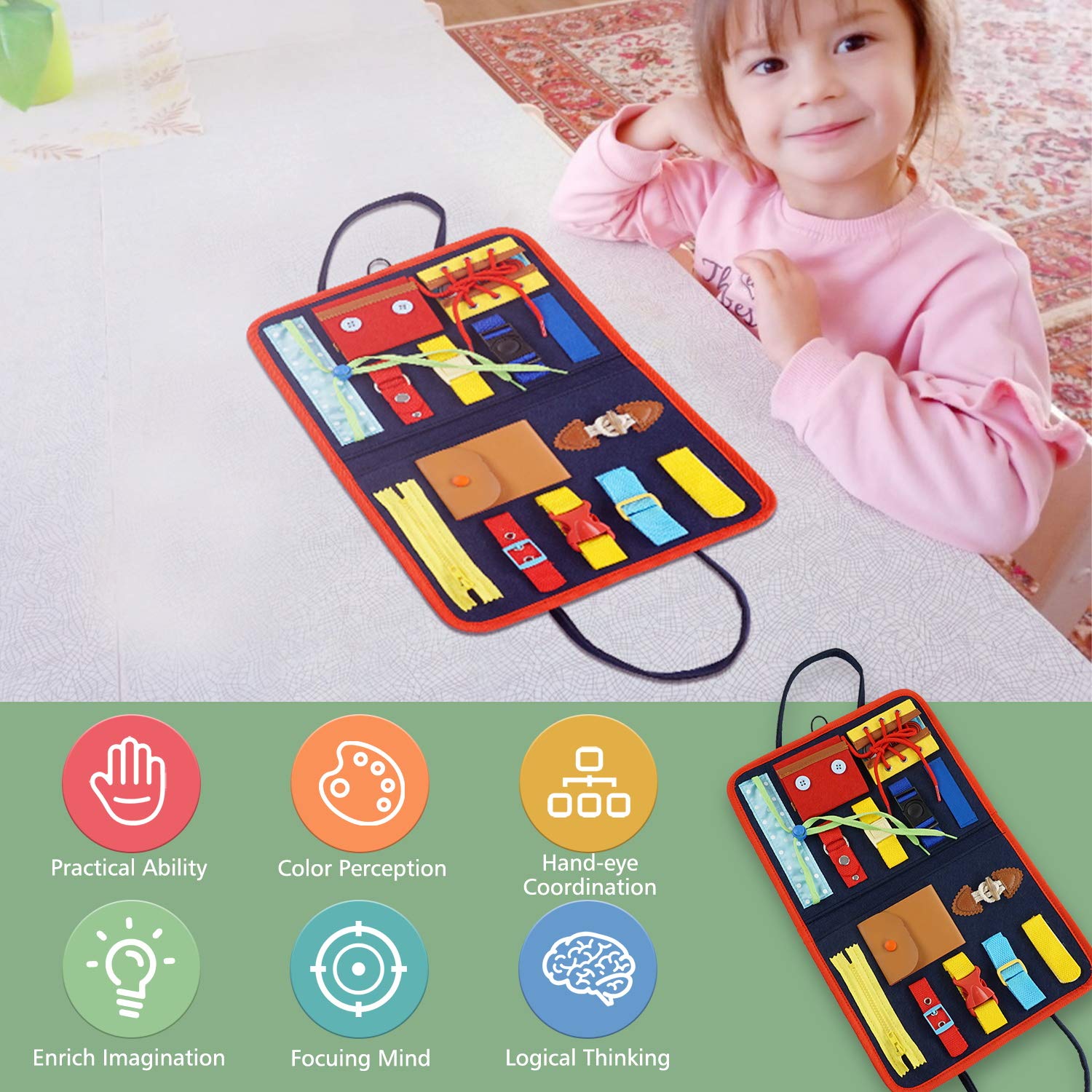 Busy Board for Toddlers Age 1-6, Montessori Early Education Activity Toddler Toys for Basic Skills Learning,Dress and Alphabet Spell Cognition, Bag Designed Enlighten Toy for Infants, Boys and Girls