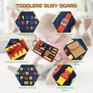 Busy Board for Toddlers Age 1-6, Montessori Early Education Activity Toddler Toys for Basic Skills Learning,Dress and Alphabet Spell Cognition, Bag Designed Enlighten Toy for Infants, Boys and Girls