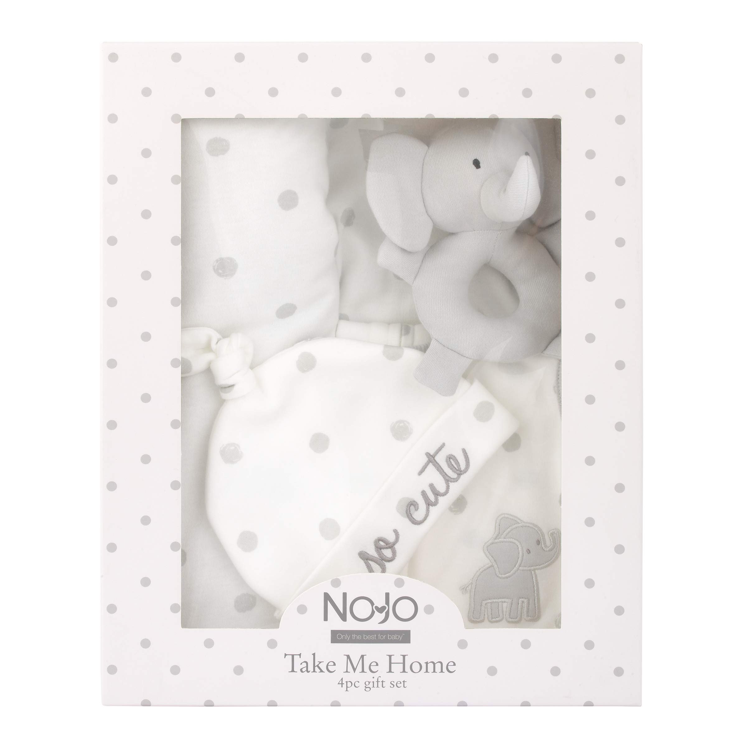 NoJo Grey and White Elephant 4-Piece Take Me Home Gift Set with Baby Blanket, Knotted Beanie, Elephant Rattle and Wearable Blanket