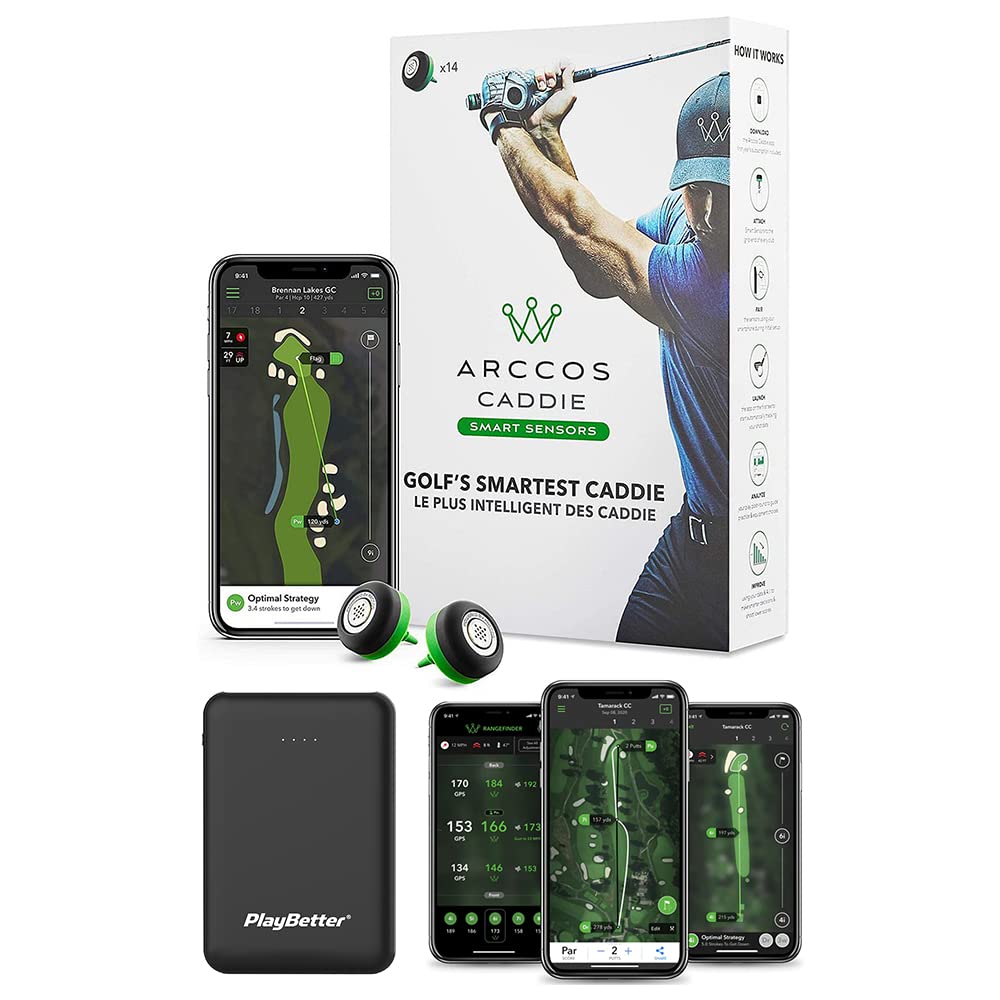 Arccos Smart Sensors (3rd Gen) Bundle - Set of 14 Golf Shot Tracker System, A.I. GPS Rangefinder, On-Course Swing Analyzer - Includes PlayBetter Portable Charger