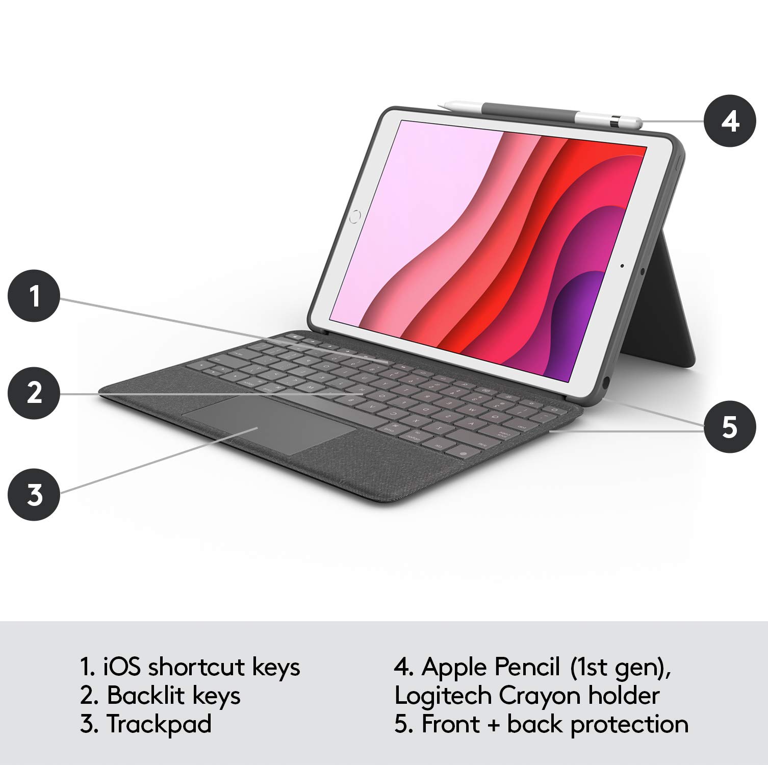 Logitech Combo Touch for iPad (7th, 8th and 9th generation) keyboard case with trackpad, wireless keyboard, Smart Connector technology - Graphite