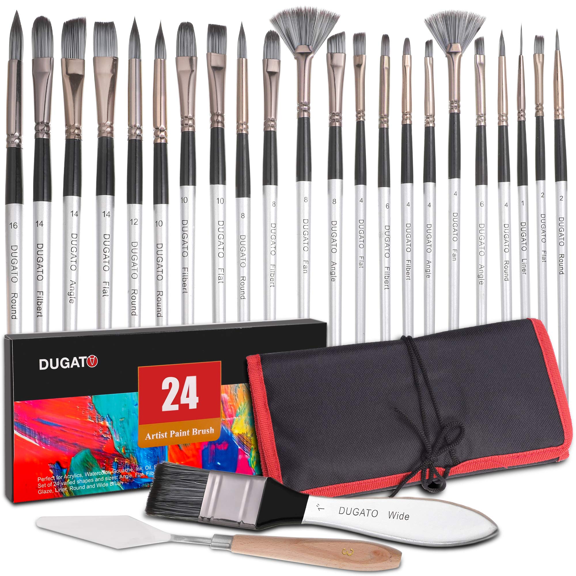 DUGATO 24pcs Paint Brush Set, Expert Series, 23 Different Shapes + Mixing Knife with Organizing Case, Enhanced Synthetic Painting Brushes Set for Acrylic, Watercolor, Oil, Gouache