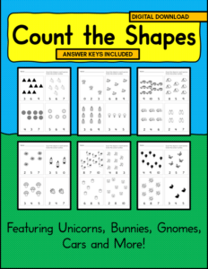 count the shapes worksheets for boys and girls | digital download featuring unicorns, bunnies, gnomes, cars and more! | answer keys included | math number order up to 10