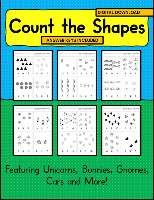 Count the Shapes Worksheets for Boys and Girls | Digital Download Featuring Unicorns, Bunnies, Gnomes, Cars and More! | Answer Keys Included | Math Number Order Up to 10