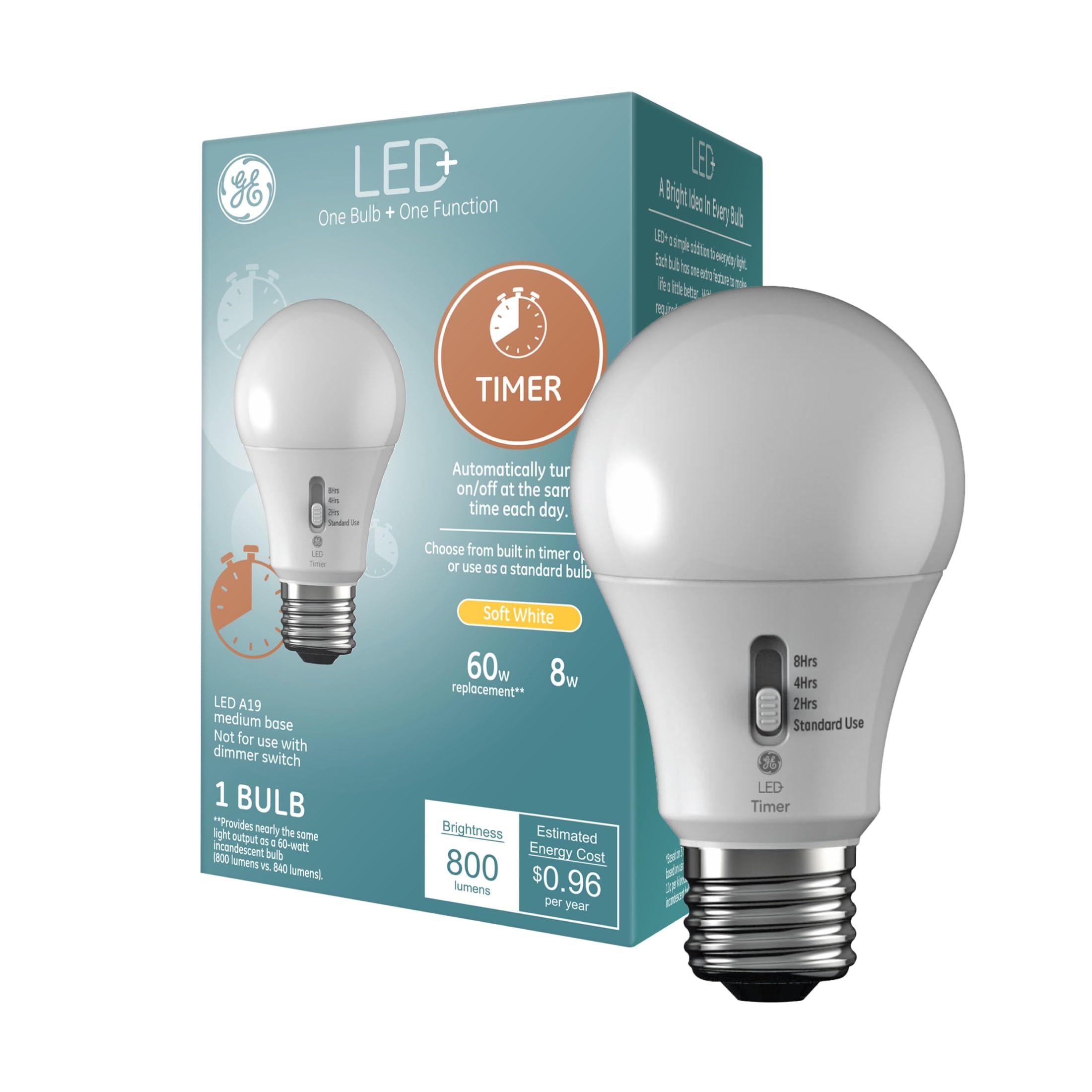 GE LED+ Timer A19 LED Light Bulbs, Built-in Automatic Indoor Timer Light, 8W, Soft White (1 Pack)