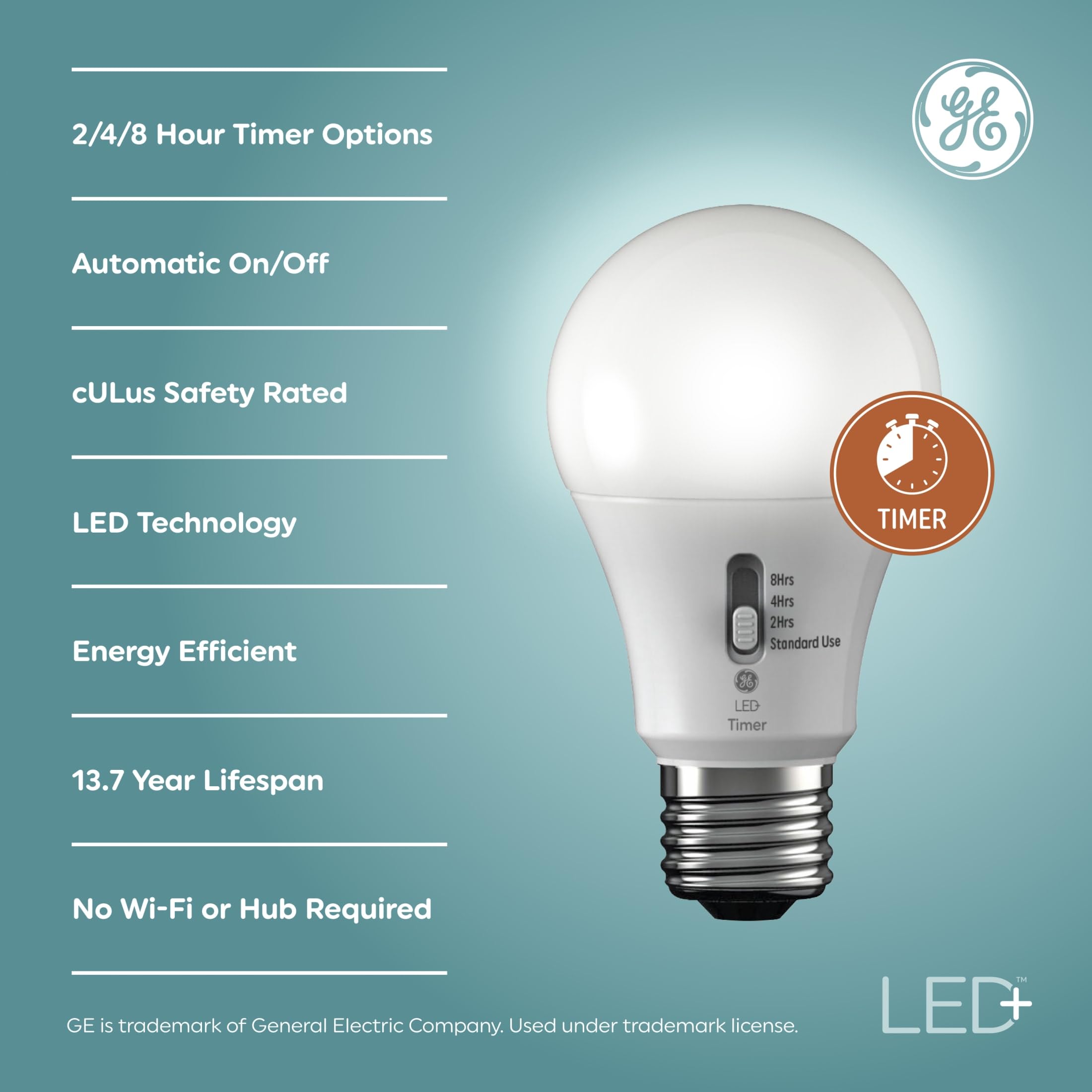 GE LED+ Timer A19 LED Light Bulbs, Built-in Automatic Indoor Timer Light, 8W, Soft White (1 Pack)