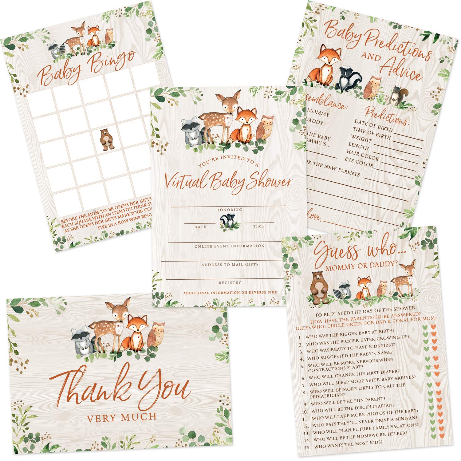 Printed Party Virtual Baby Shower by Mail, Woodland Forest Animals, Set of 5 Double-Sided Invitations, Games, Activities and Thank You Cards