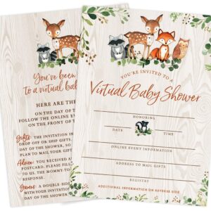 Printed Party Virtual Baby Shower by Mail, Woodland Forest Animals, Set of 5 Double-Sided Invitations, Games, Activities and Thank You Cards