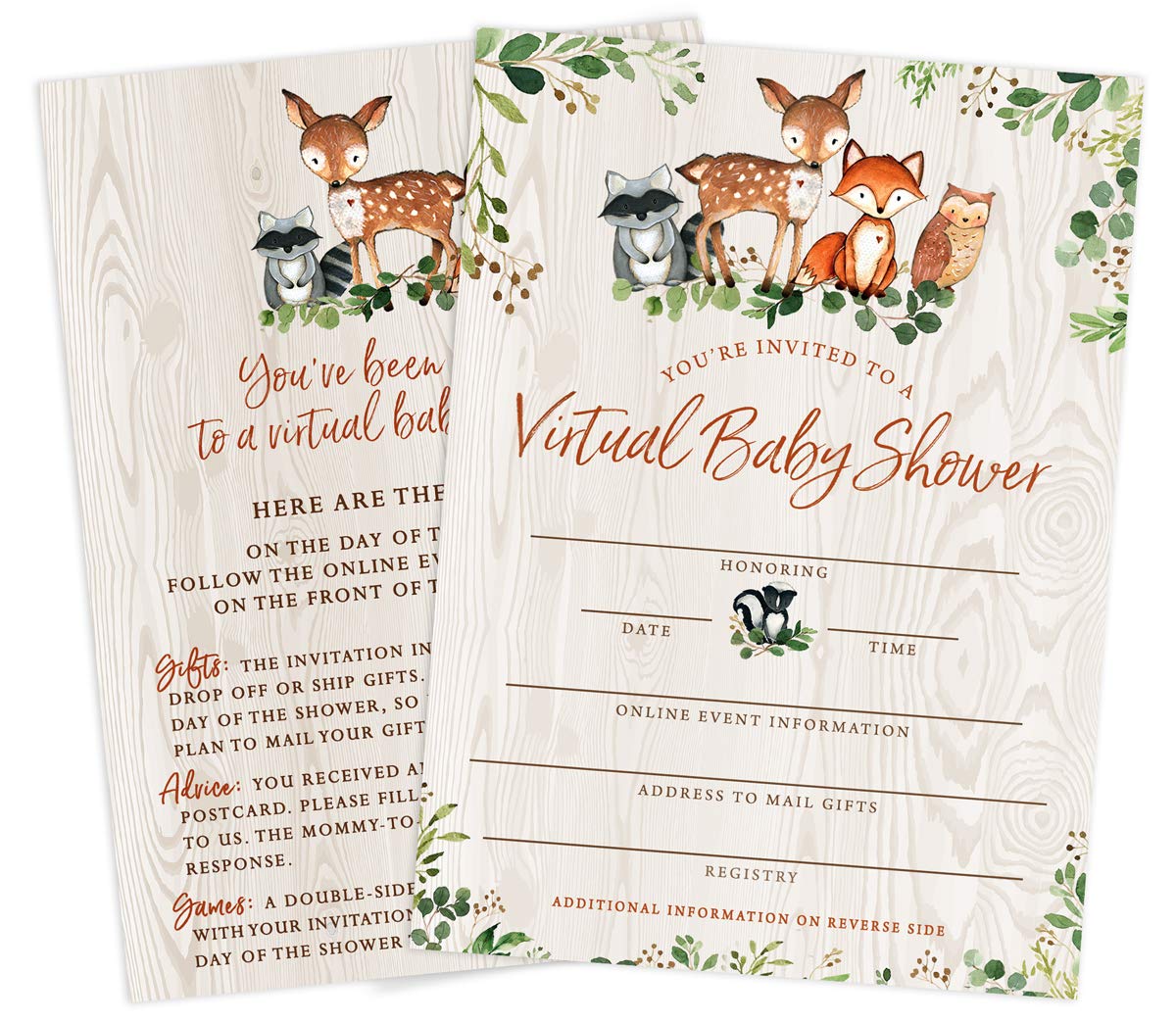 Printed Party Virtual Baby Shower by Mail, Woodland Forest Animals, Set of 5 Double-Sided Invitations, Games, Activities and Thank You Cards