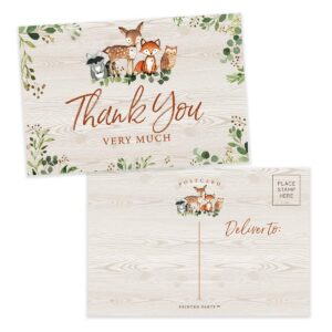 Printed Party Virtual Baby Shower by Mail, Woodland Forest Animals, Set of 5 Double-Sided Invitations, Games, Activities and Thank You Cards